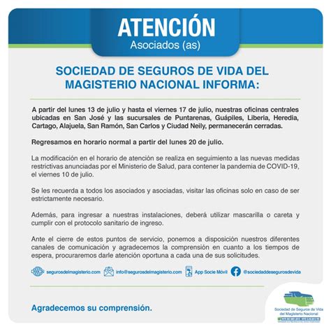 Comunicado Oficial Cierre De Oficinas Sociedad De Seguros De Vida