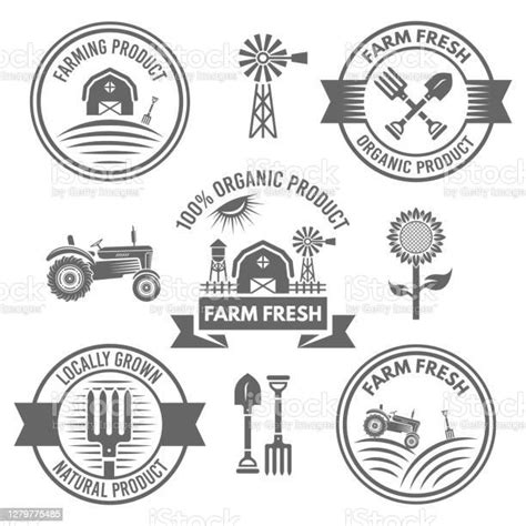 흰색 배경에 격리 된 벡터 라운드 라벨 배지 엠블럼 스티커 및 디자인 요소의 농장 신선한 제품 세트 유기농 제품 라벨 현지에서