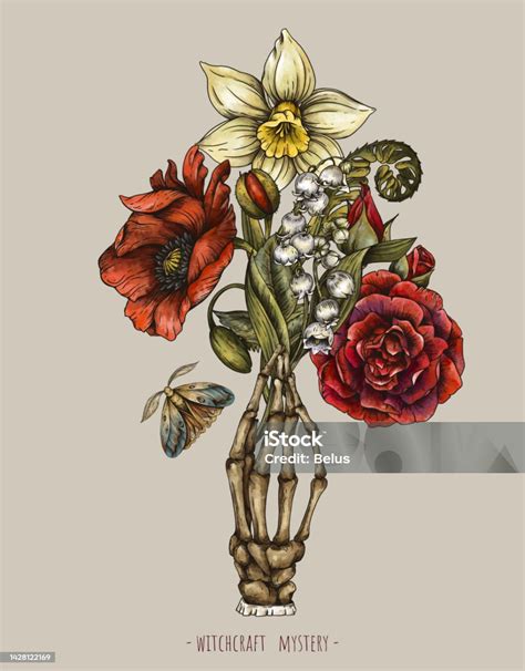 마녀 죽음의 손과 빈티지 마법의 봄 꽃 요술 미스터리 손으로 그린 오컬트 일러스트 0명에 대한 스톡 벡터 아트 및 기타 이미지 0명 과꽃 광대버섯속 Istock
