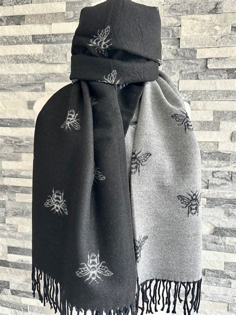Black And Grey Reversible Bees Scarf Wrap Cashmere Blend Luscious