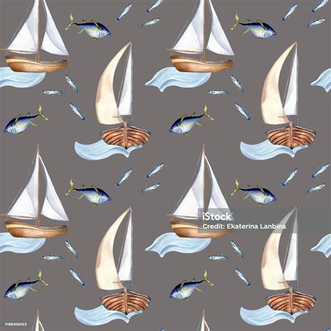 범선의 매끄러운 패턴 빈티지 스타일 수채화 그림은 회색으로 분리되어 있습니다 범선 파도 위의 배 곡조 물고기 손으로 그렸습니다 유치한 디자인 요소 벽지 인쇄물 0명에 대한