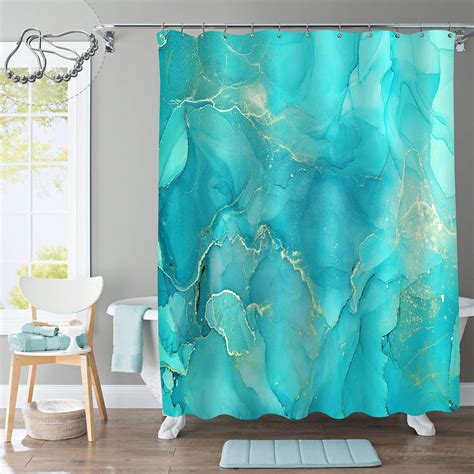 Gibelle Teal Fabric Shower Curtain Abstract Blue Marble