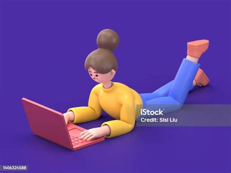 노트북 컴퓨터에서 일하는 웃는 여성 안젤라의 3d 일러스트레이션 보라색 배경에 3d 렌더링 Mobility As A