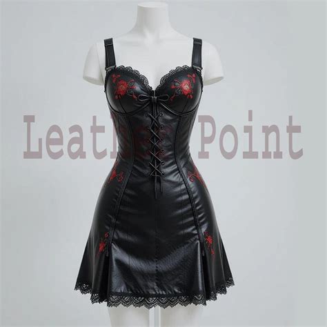 Gothic Black Leather Corset Dress Red Rose Embroidery Lace Mini