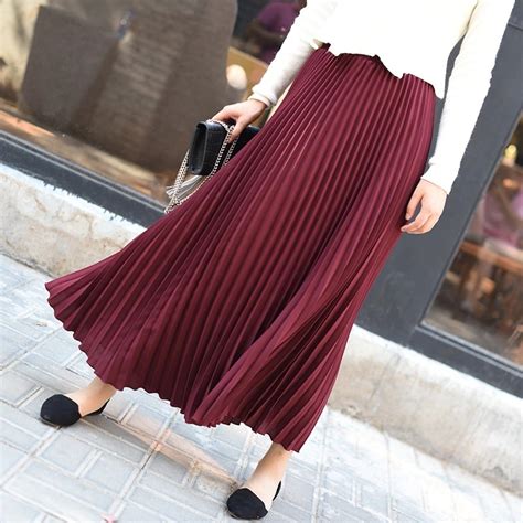 New Burgundy Long Pleated Women Skirt Full Maxi Length Wine Red Autumn