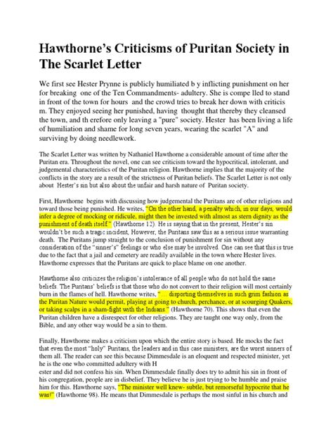 Hawthornes Criticisms Of Puritan Society In The Scarlet Letter Pdf