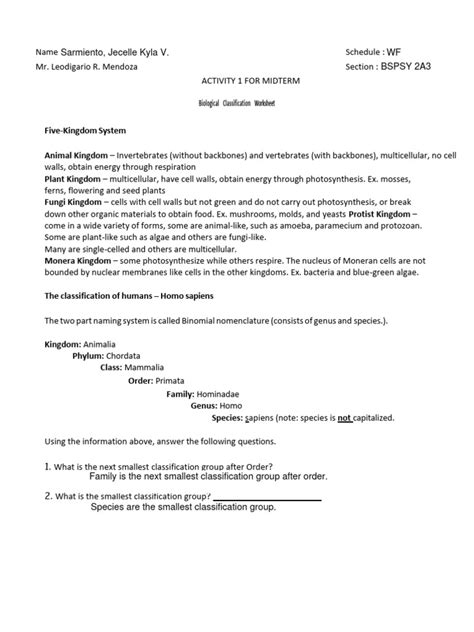 classification worksheet act1 pdf taxonomy biology taxa