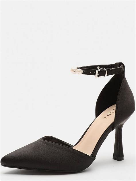 Quiz Black Satin Pearl Ankle Strap Court Heels Very