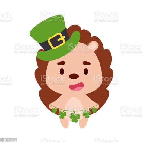 성 패트릭의 날 레프레차운 모자에 귀여운 고슴도치가 토끼풀을 들고 있습니다 아일랜드 휴일 민속 테마 카드 장식 셔츠 초대를위한 만화 디자인 벡터 스톡 일러스트레이션입니다 0