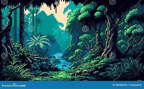 Jungle Forest Landscape Ai Generated 8bit Pixel Stock Illustration