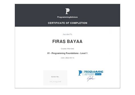 Certificate Of Completion For Programming Foundations Level 1 فراس بياع