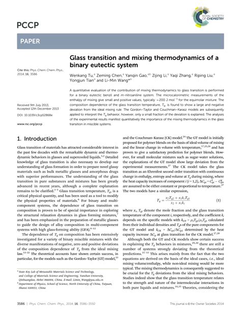 Pdf Glass Transition And Mixing Thermodynamics Of A Binary Eutectic System