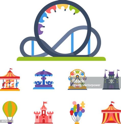 Carousels 유원지 매력 측면쇼 아이 야외 엔터테인먼트 건설 벡터 일러스트 레이 션 롤러코스터에 대한 스톡 벡터 아트 및