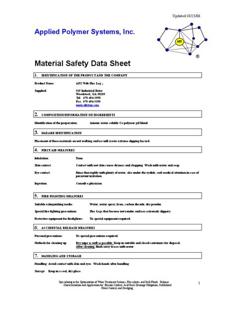 Material Safety Data Sheet Applied Polymer Systems Inc