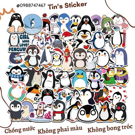 Set Combo 50 Miếng Dán Sticker Chim Cánh Cụt Dễ Thương Dán Nón Mũ Bảo