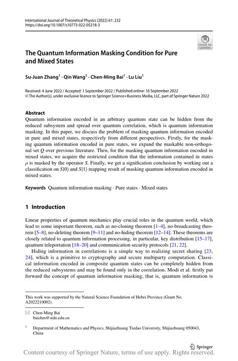 The Quantum Information Masking Condition For Pure And Mixed States Request Pdf