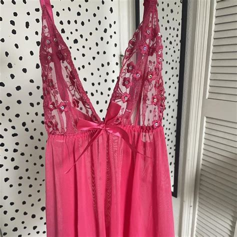 Hot Pink Sheer Lingerie With Pink Floral Stitching Depop