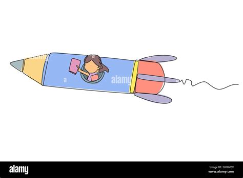 Single Continuous Line Drawing Girl Flying On A Rocket Reading Book Always Reading Books
