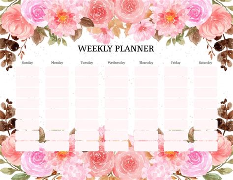 Planificador Semanal Floral De Acuarela Rosa Bastante Rústico Vector