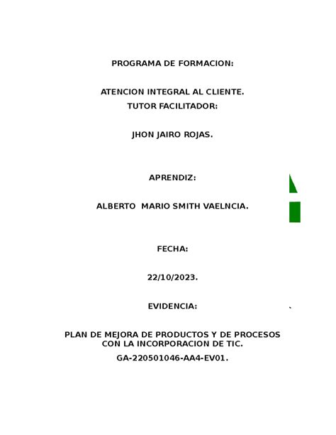 Plan De Mejora De Productos Y Procesos Incorporación De Tic Ga1