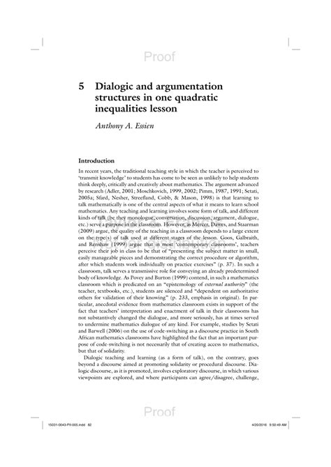 Pdf Dialogic And Argumentation Structures In One Inequality Classroom