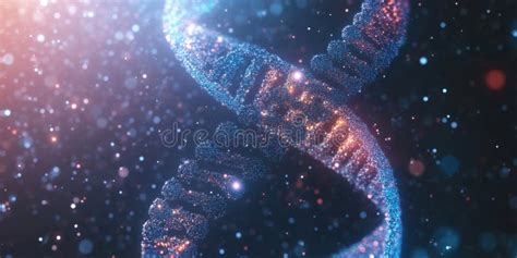 3d Representation Of Dna Double Helix Structure With Glowing Particles And Cosmic Background
