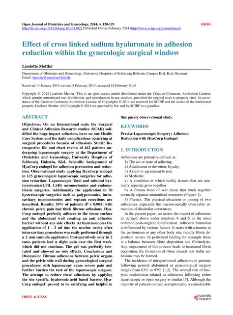 Pdf Effect Of Cross Linked Sodium Hyaluronate In Adhesion Reduction Within The Gynecologic