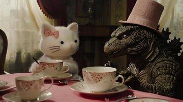 Hello Kitty And Godzilla Having Tea Together Premium Ai Generated Image