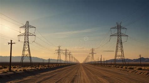A High Voltage Power Line Cuts Through A Desolate Desert With Electrical Towers Standing Stark