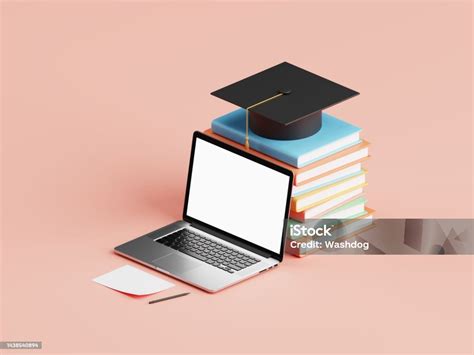 흰색 빈 화면이 있는 노트북이 위에 졸업 모자가 있는 책 더미에 놓여 있습니다 공부 교육 및 E 러닝 개념 3d 그림입니다