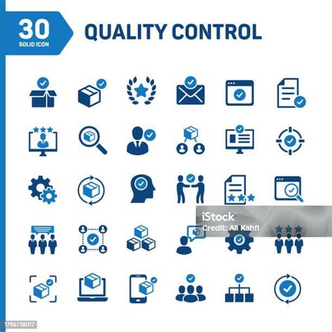 품질 관리 아이콘 세트 검사 분석 연구 승인된 솔리드 아이콘 모음이 포함되어 있습니다 벡터 일러스트 레이 션입니다 웹사이트 디자인 로고 앱 템플릿 Ui 등 감시에 대한 스톡