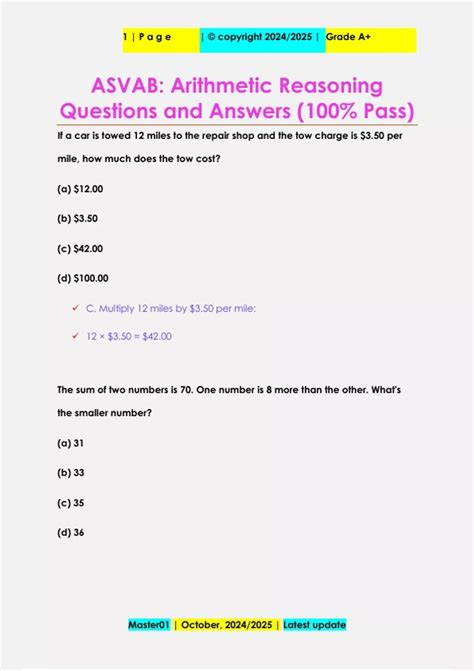 Asvab Arithmetic Reasoning Questions And Answers 100 Pass Asvab Stuvia Us