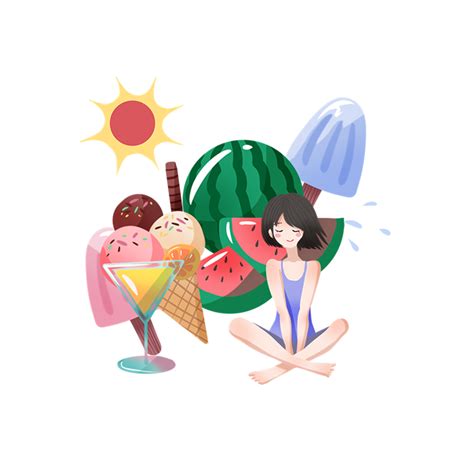 手绘夏季芒种节气吃冷饮女孩插画免抠素材 Psd素材网