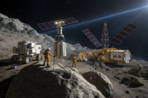 Deep Space Mining Facility On Asteroid With Robotic Workers And