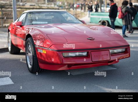 Front View Of A Classic Red Fourth Generation Chevrolet Corvette C4 American Sports Car Stock