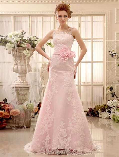 Flower Panel Train Pink Lace Wedding Dress For Bride With Sheath Jewel