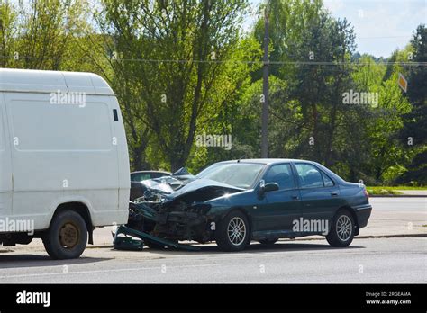 Car Accident With Major Front End Damage Crashed Car In Collision On