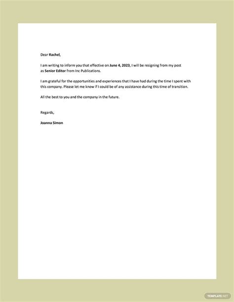 Short Resignation Letter Template Free Download