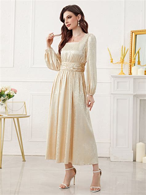 SHEIN Modely Jacquard Square Neck Lantern Sleeve Ruched Waist Satin