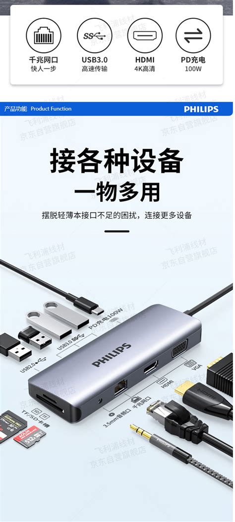 飞利浦type C扩展坞usb C转hdmi雷电3 4拓展坞网线口转接头分线器 阿里巴巴