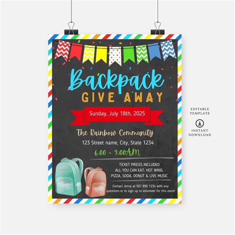 Backpack Giveaway Flyer Editable Template Instant Download Diy Flyer