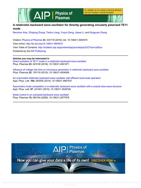 Pdf A Relativistic Backward Wave Oscillator For Directly Generating Circularly Polarized Te11 Mode