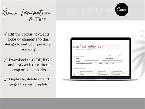 Editable Brow Lamination And Tint Consultation Form Bundle Consent Form Patch Test Form Photo