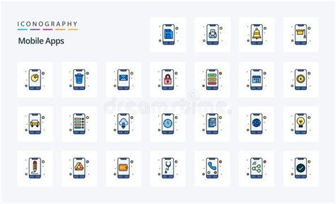 25 Mobile Apps Line Filled Style Icon Pack Stock Vector Illustration