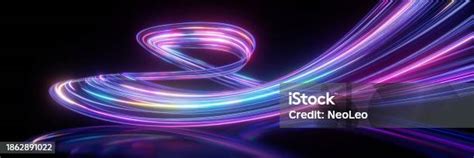 3d 렌더링 네온 리본의 추상적인 배경 형광등은 바닥 반사와 함께 어두운 방에서 빛납니다 환상적인 파노라마 벽지 디지털 데이터 전송 에너지 개념 0명에 대한 스톡 사진 및