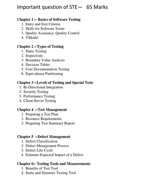 Important Question Of Ste 65 Marks Chapter 1 Basics Of Software Testing Pdf