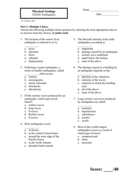 Earthquakes Exam Physical Geology Questions And Seismology