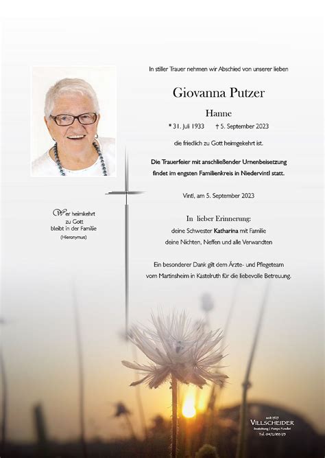 Giovanna Putzer Aus Vintl Trauerhilfeit Das Südtiroler Gedenkportal