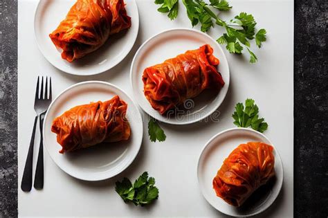 Beautiful Orange Stuffed Cabbage Rolls With Tomato Sauce And Herbs