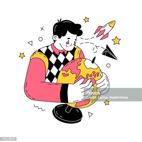 소년은 지구를보고 비행기와 로켓을 만드는 꿈을 꿉니다 기술 직업의 선택 미래의 엔지니어 흰색 배경에 분리된 벡터 그림입니다